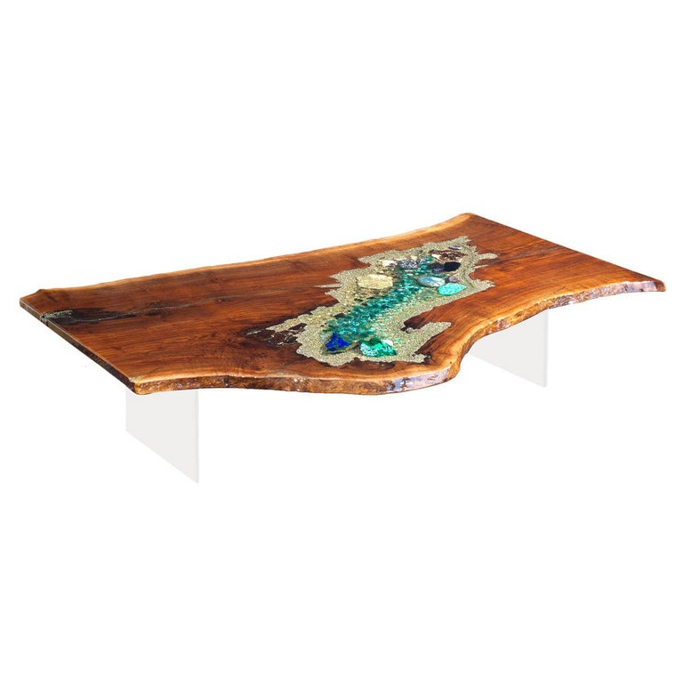 Walnut wood coffee table with crystal and gemstone inlay at 1stDibs