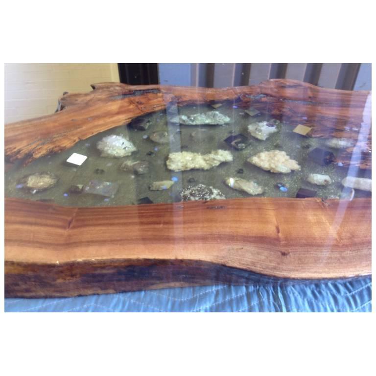 English Elm wood coffee table crystal/gemstone inlay lucite leg by ...