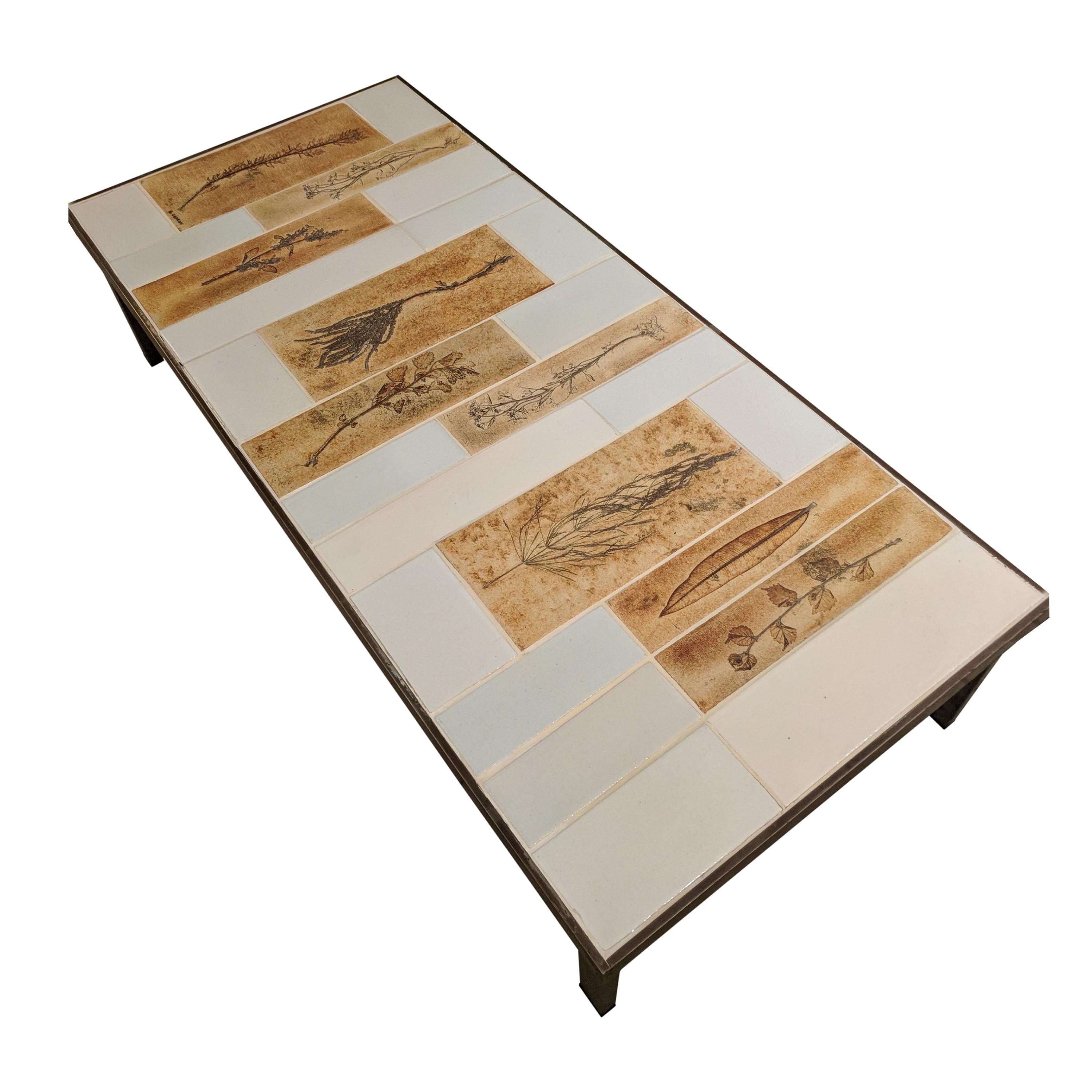 Mid-Century Glazed Ceramic Tile Cocktail Table with Brass Legs at 1stDibs