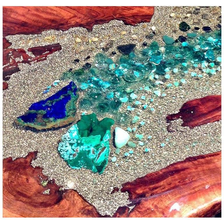 Walnut wood coffee table with crystal and gemstone inlay For Sale at ...