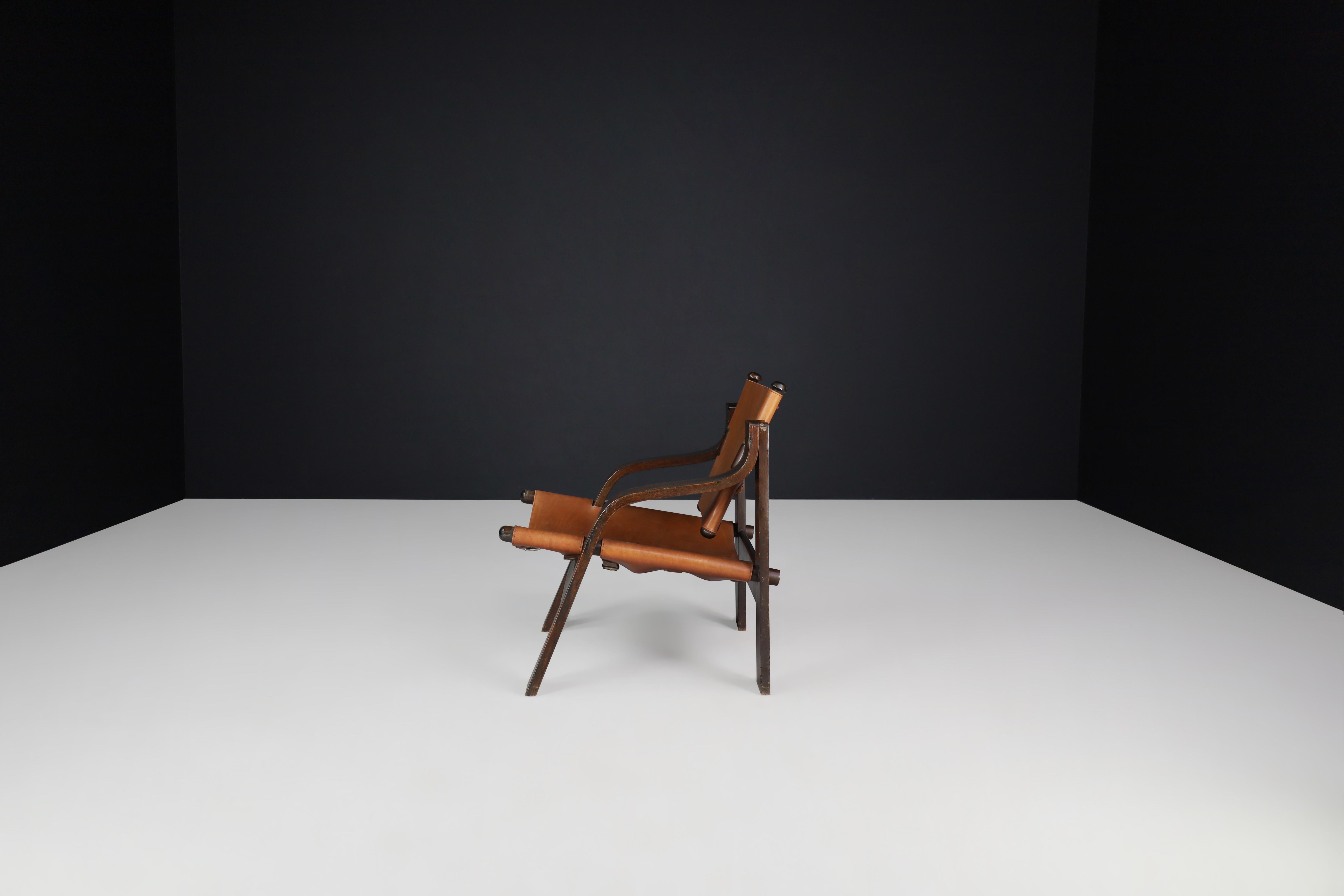 Cognac Brown Leather Safari Lounge Chair with Curved Wood Structure ...
