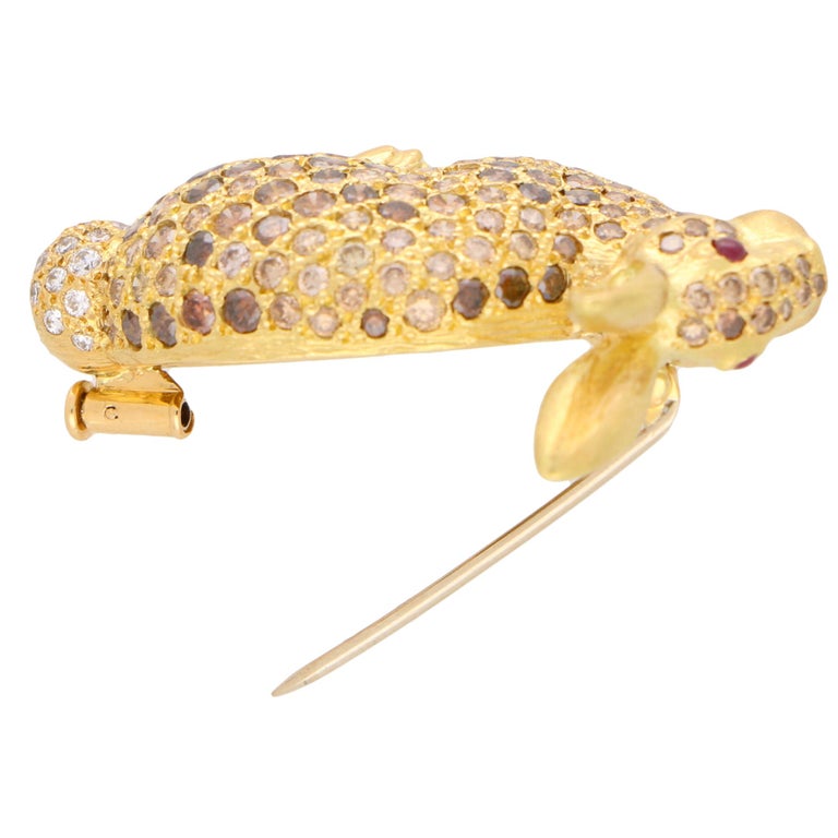 Cognac Diamond and Ruby Rabbit Pin Brooch Set in 18 Karat Yellow Gold ...