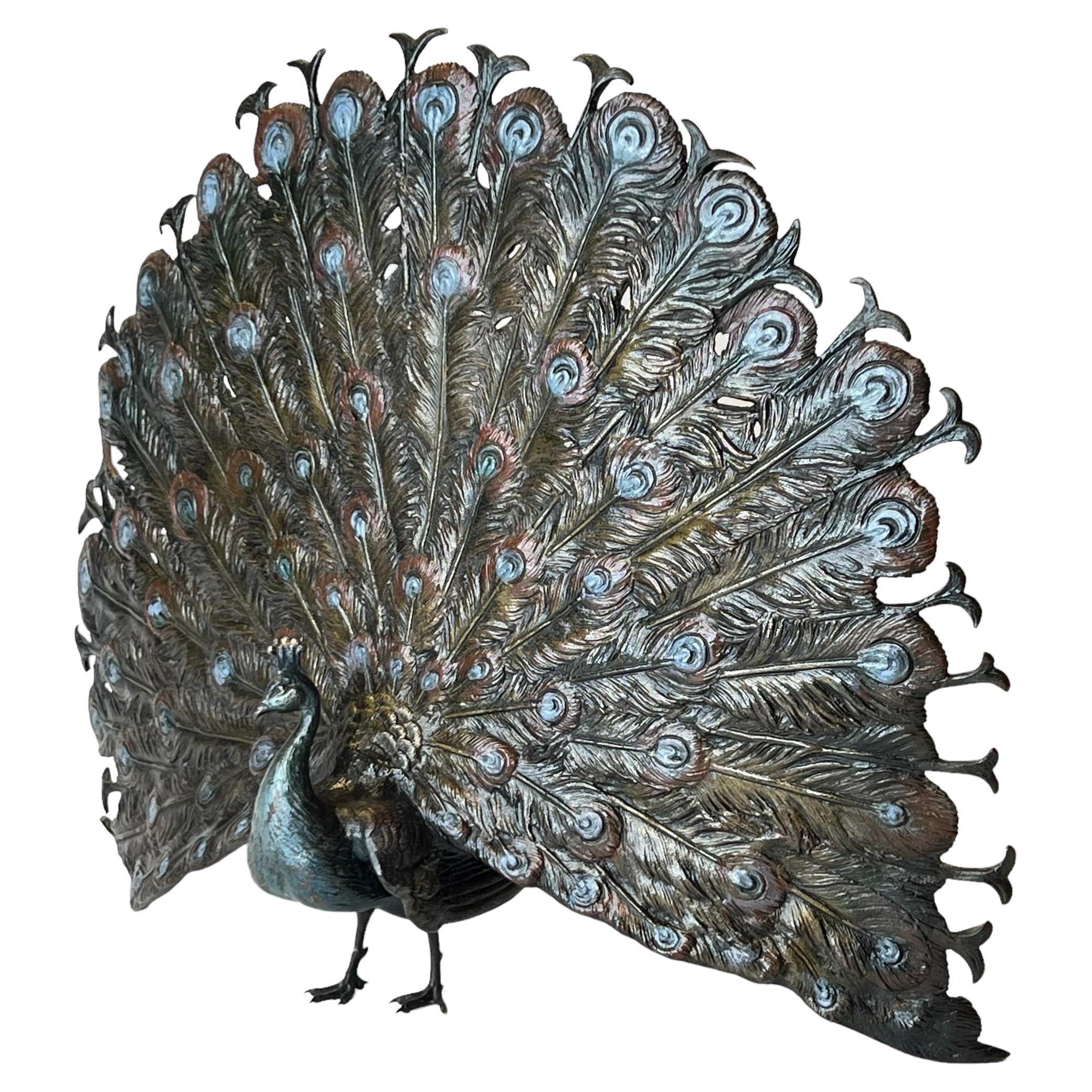 Cold-Painted Bronze Peacock Sculpture by Franz Bergman at 1stDibs
