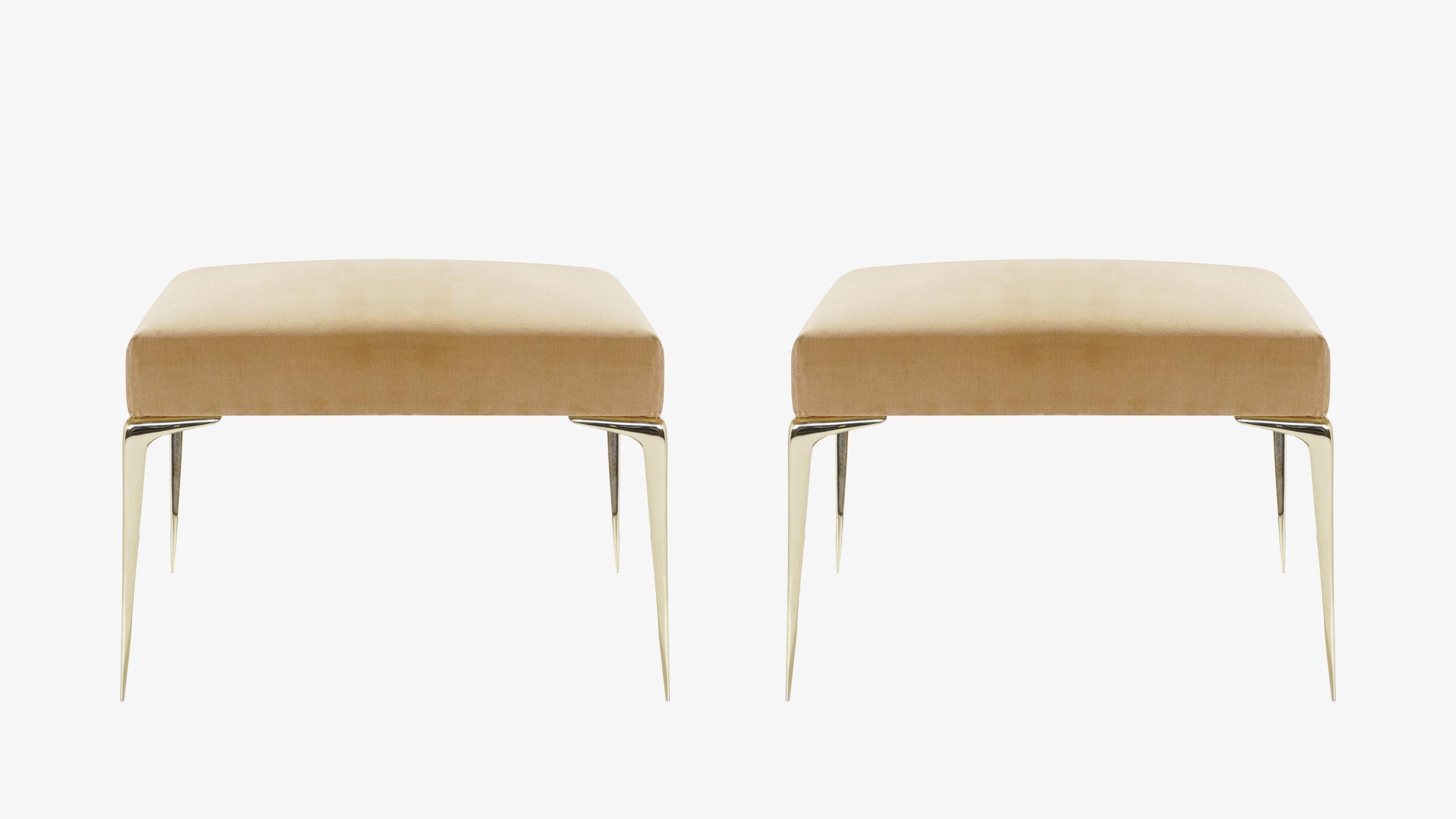Colette Brass Ottomans in Camel Velvet by Montage, Pair For Sale at 1stDibs