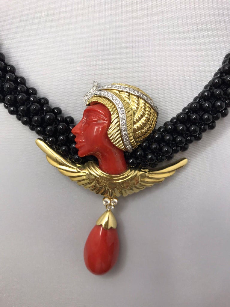 "Cleopatra" Necklace in 18kt Yellow Gold, With Black Onyx and Coral ...