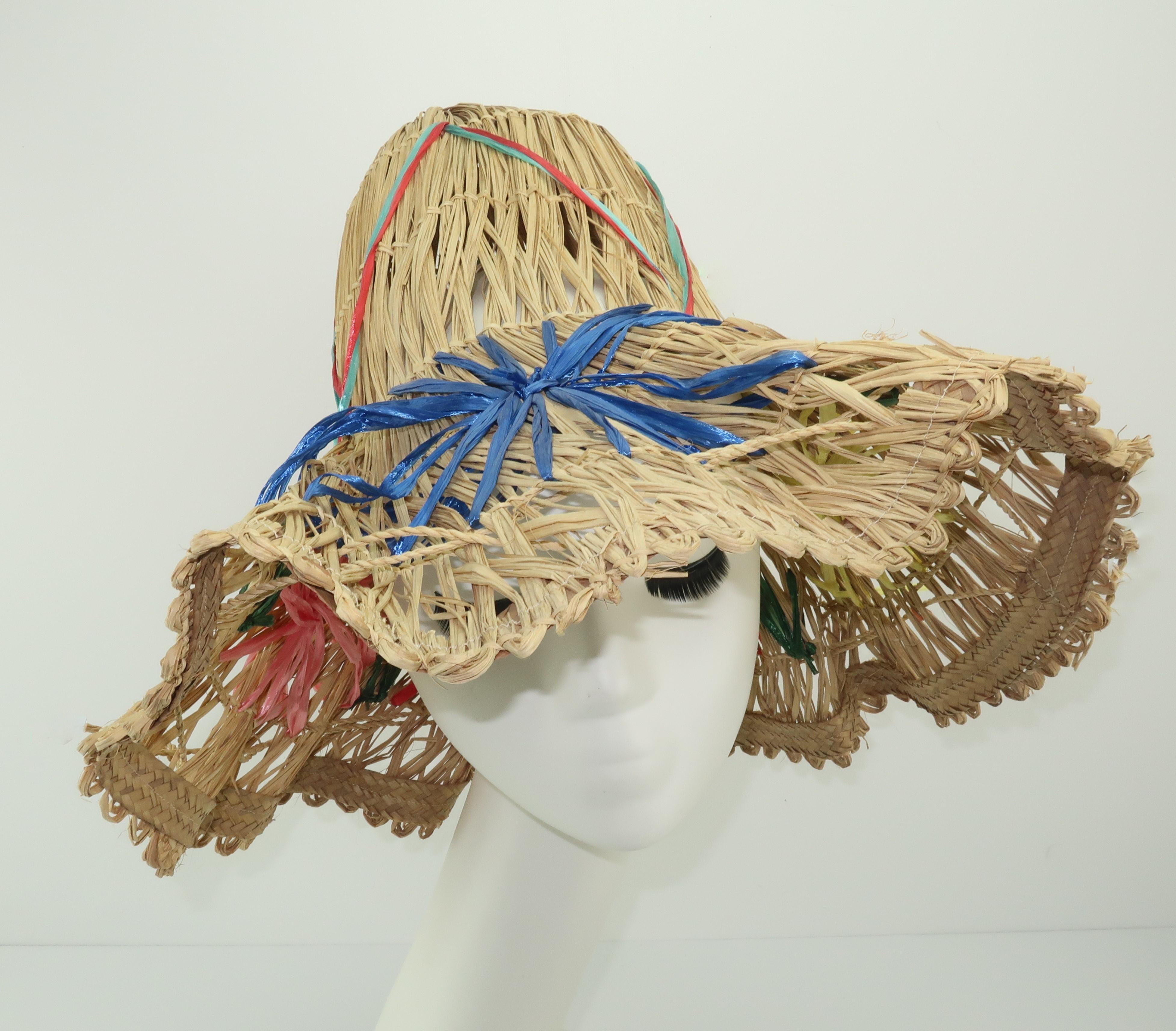 Collapsible Straw Resort Wear Beach Hat, 1950's at 1stDibs