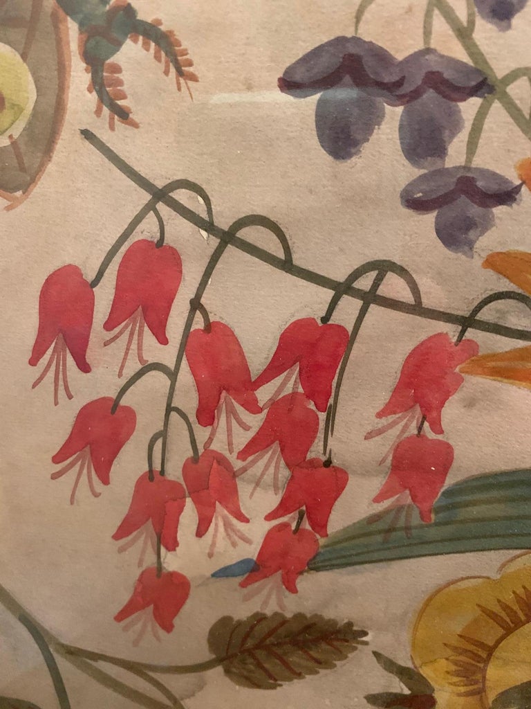 Collectible Louis Cary Watercolor Spilled Basket of Flowers at 1stDibs