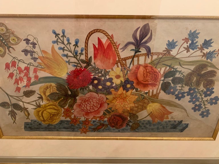 Collectible Louis Cary Watercolor Spilled Basket of Flowers at 1stDibs