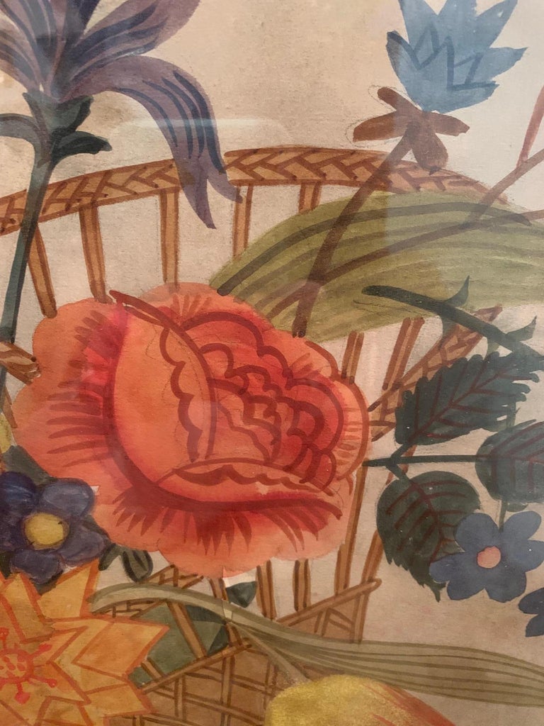 Collectible Louis Cary Watercolor Spilled Basket of Flowers at 1stDibs