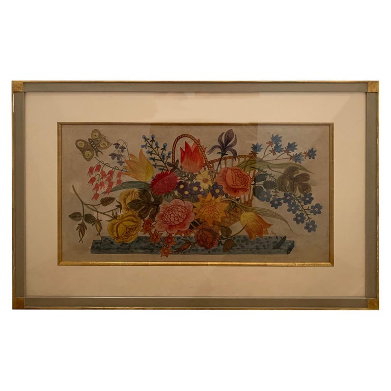 Collectible Louis Cary Watercolor Spilled Basket of Flowers at 1stDibs
