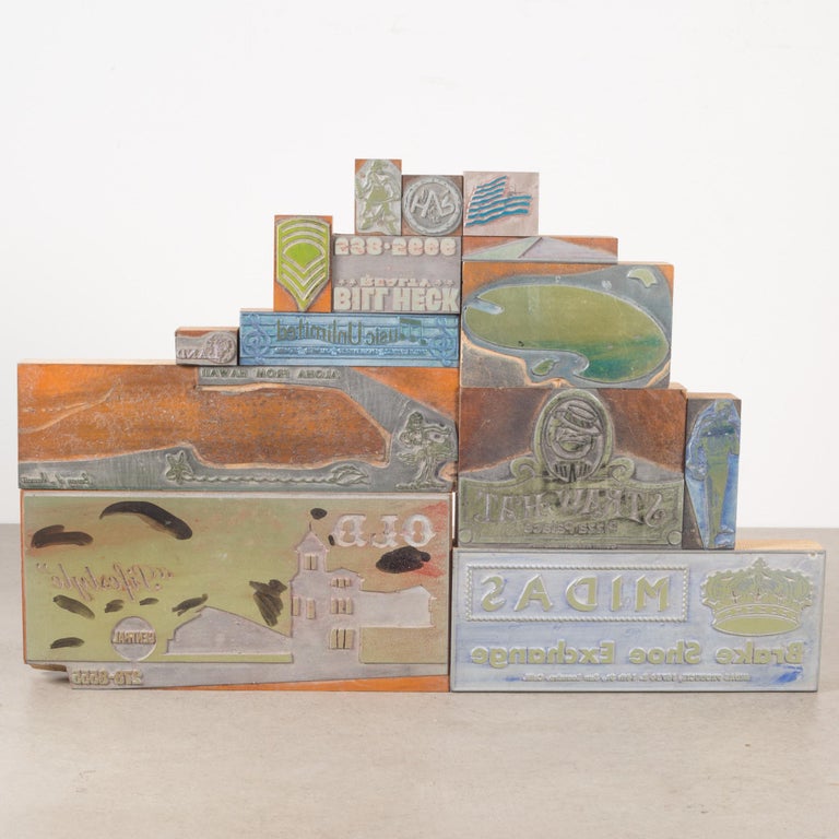Collection of 14 Green and Blue Typeset Advertising Print Blocks, circa ...