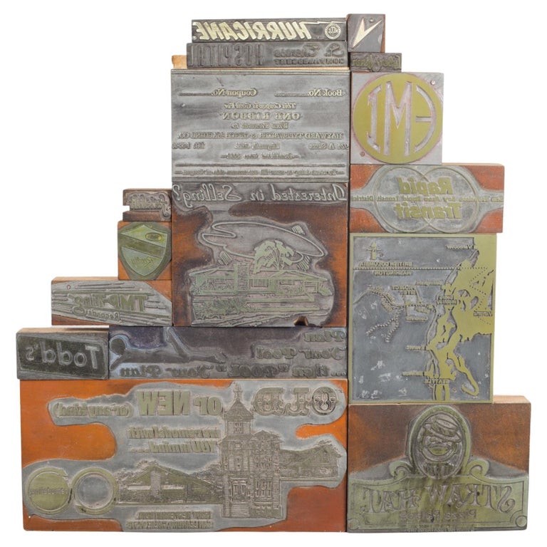 Collection of 16 Green and Silver Typeset Advertising Print Blocks ...