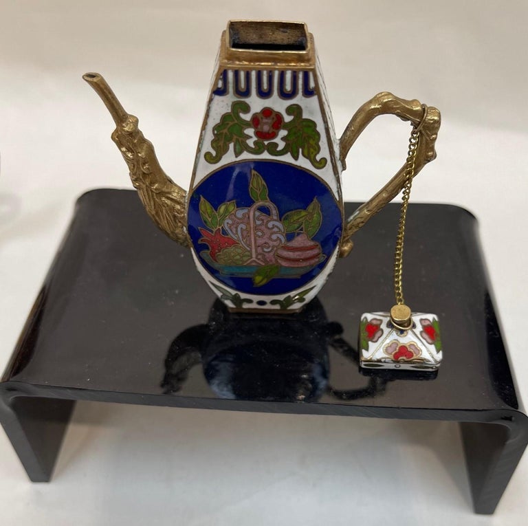 Collection of 3 Vintage Enamel Cloisonné Miniature Hand Painted Teapots ...
