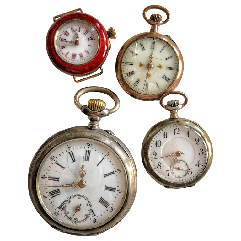 Collection of 4 Pocket Breguet Silver, Gold Watches, Enamel Pearls ...