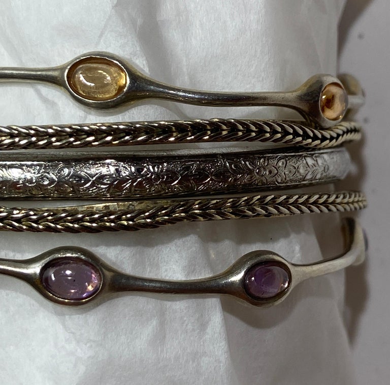 Collection Of 5 Multi Designed Sterling Silver Bracelets For Sale at ...