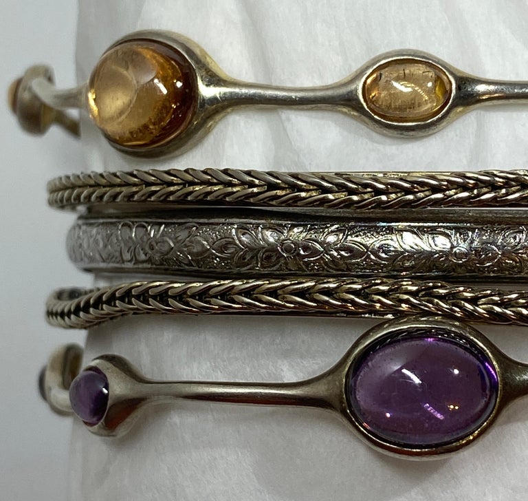 Collection Of 5 Multi Designed Sterling Silver Bracelets For Sale at ...
