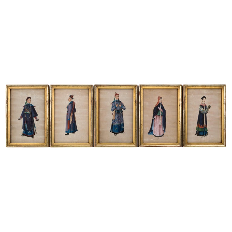 Collection of Five 19th Century Chinese Export Gouache Portraits on ...