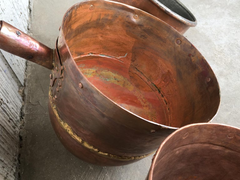 Collection of Five Antique Spanish Handmade and Forged Copper Cook Pans ...
