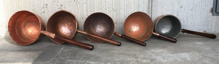 Collection of Five Antique Spanish Handmade and Forged Copper Cook Pans ...
