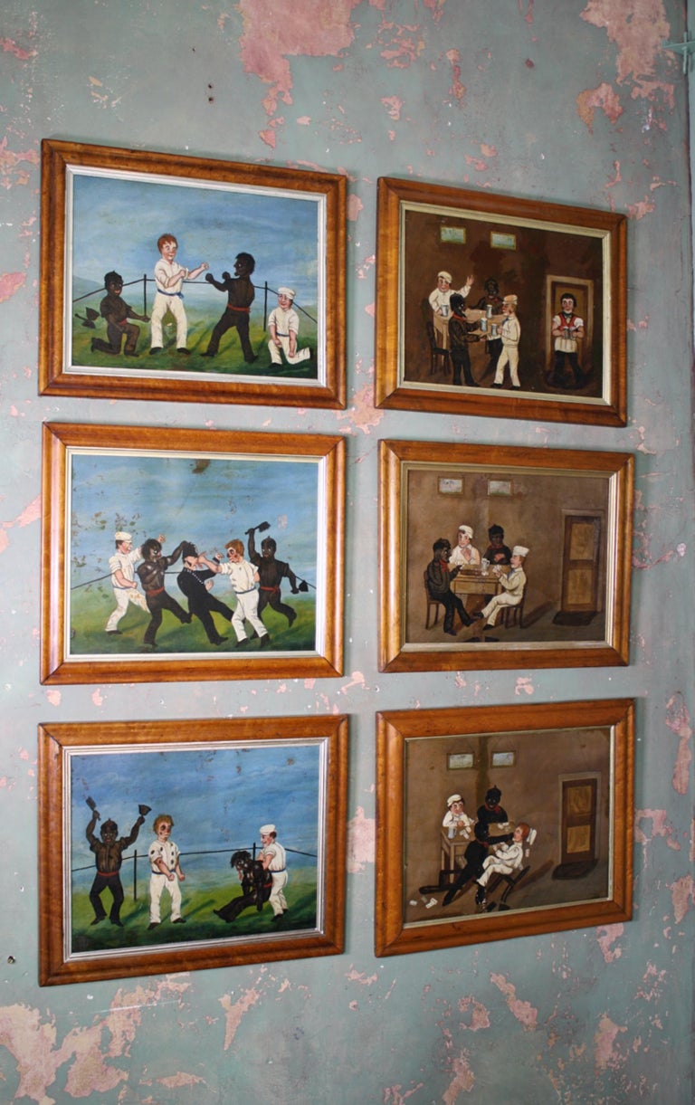 Collection of Six 19th Century Folk Art Oil on Board Boxing Fighting ...