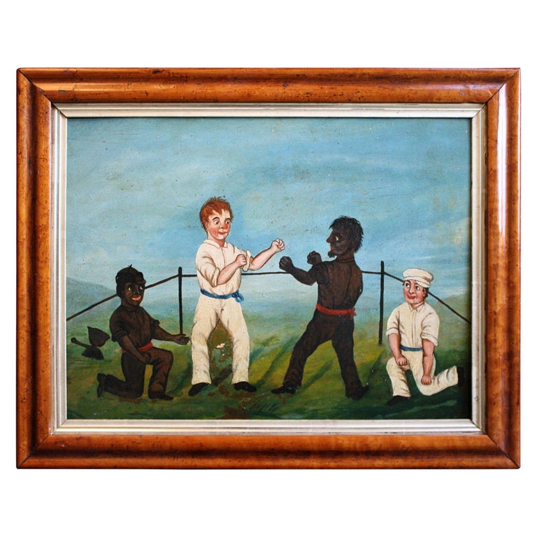 Collection of Six 19th Century Folk Art Oil on Board Boxing Fighting ...