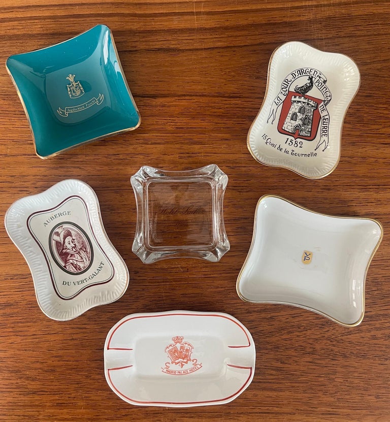 Collection of Six Vintage European Hotel Ashtrays For Sale at 1stDibs
