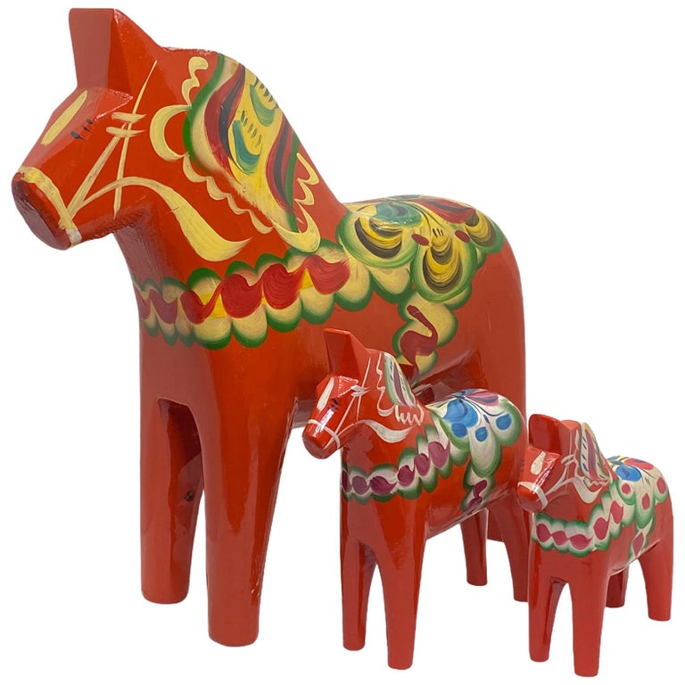 Collection of Three Vintage Swedish Dala Horses by Nils Olsson, Sweden ...