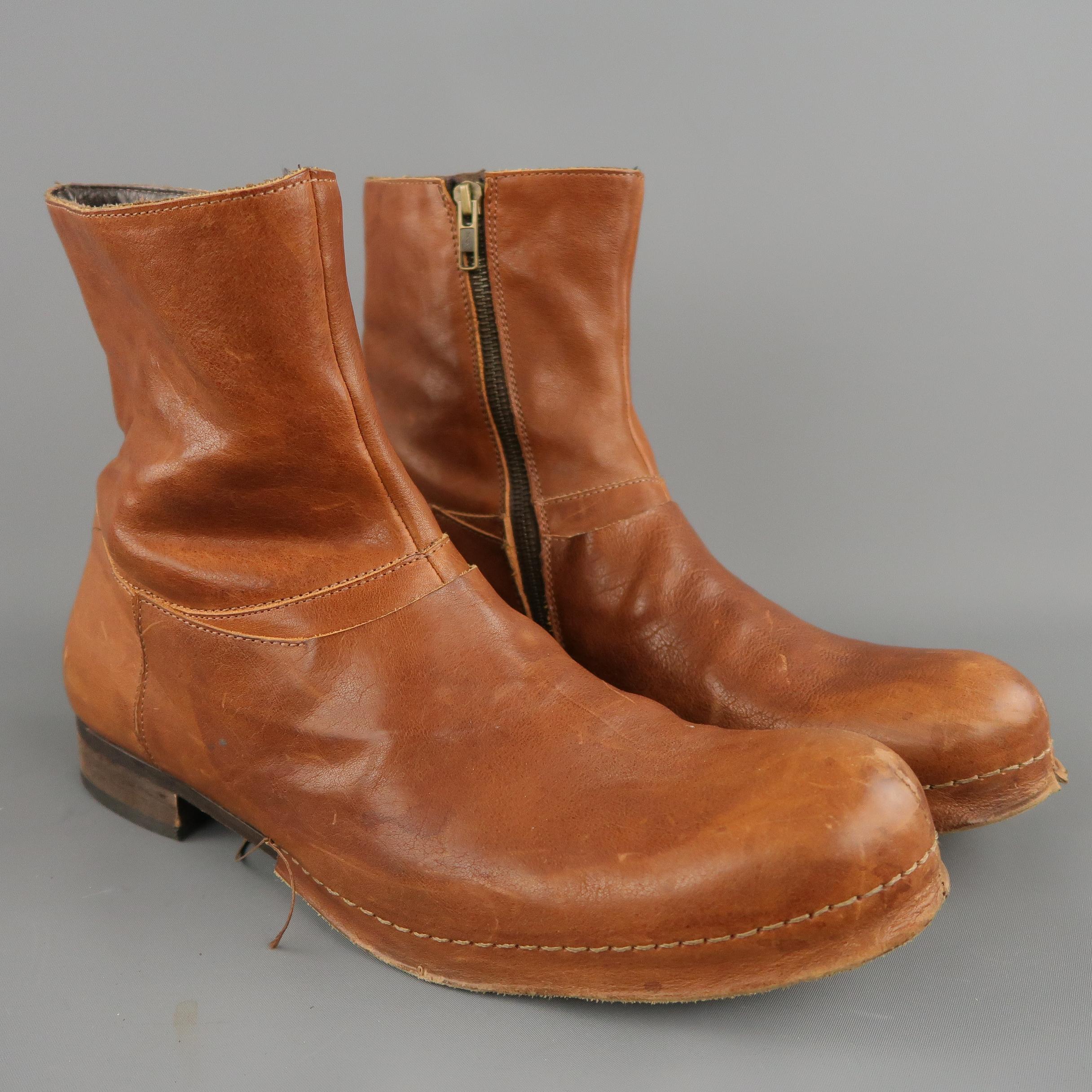 COLLECTION PRIVEE? Size 10 Tan Distressed Leather Ankle Boots at 1stDibs