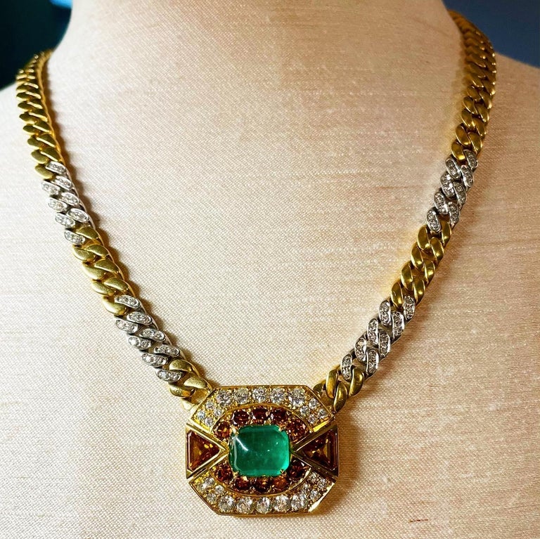 Colombian Cabochon Emerald Chain Necklace Gold Diamonds Fancy Brown ...