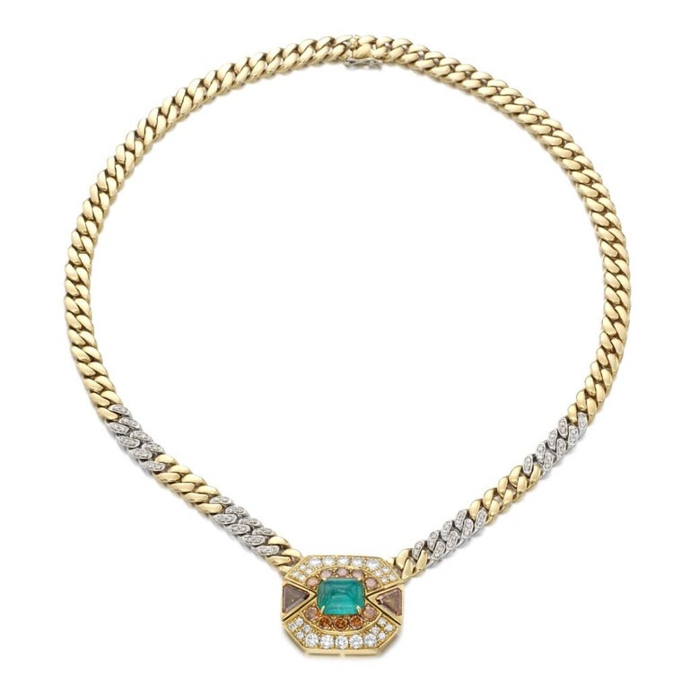 Colombian Cabochon Emerald Chain Necklace Gold Diamonds Fancy Brown ...