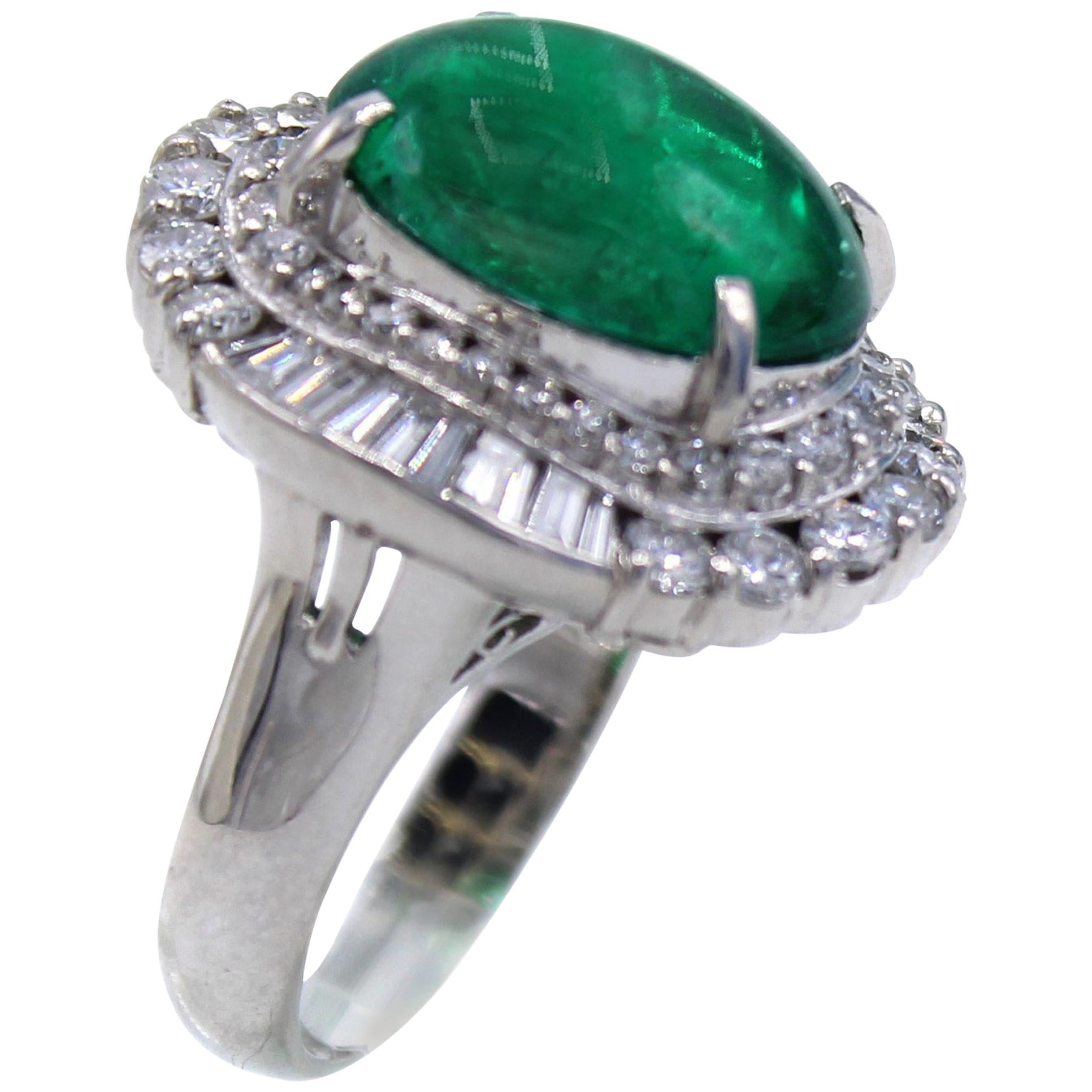 3.37ct Colombian Emerald Cabochon Cut and Diamonds Platinum Ring For ...