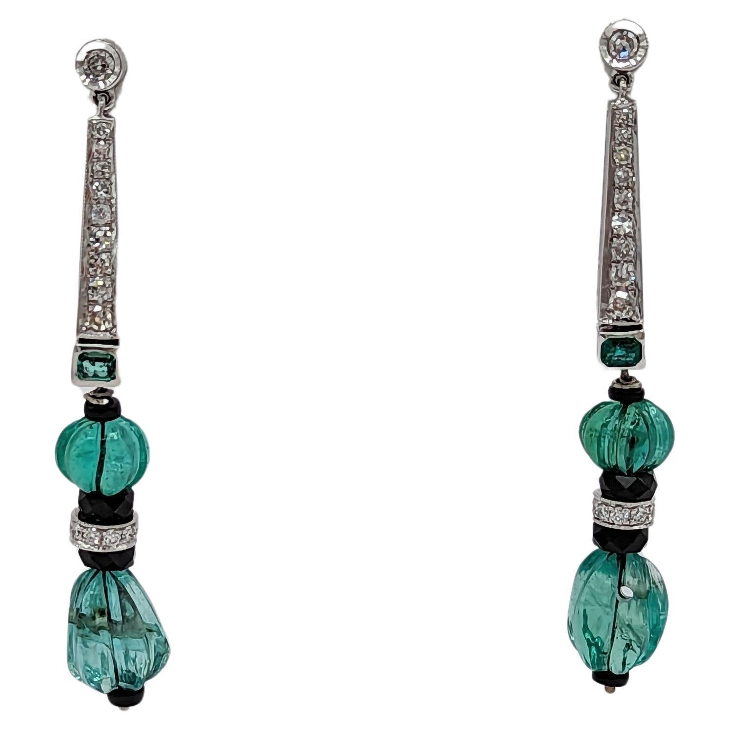 Diamond and Emerald Art Deco Style Dangle Earrings in 14k White Gold ...