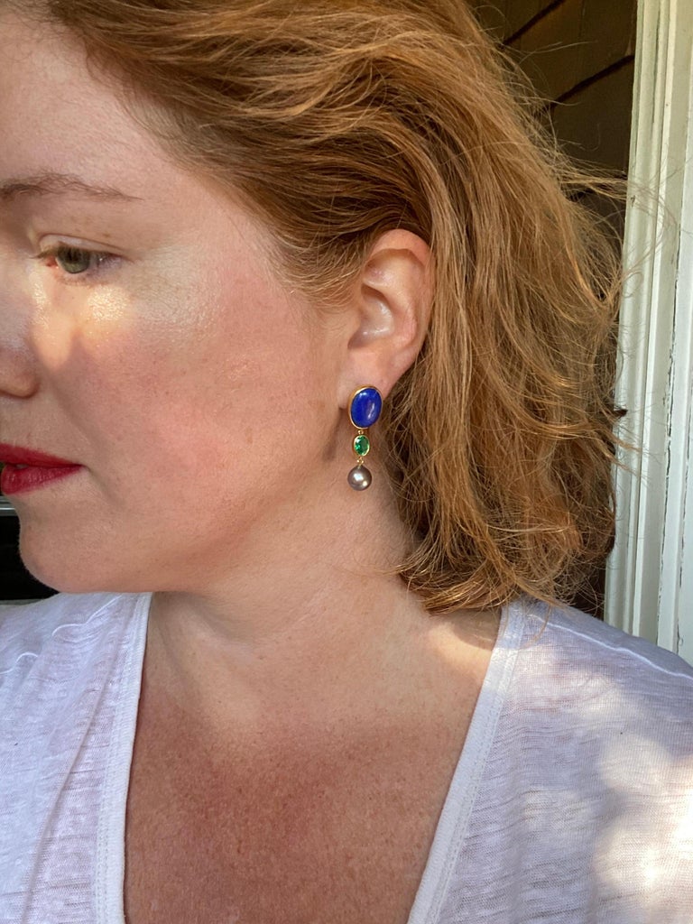 Colombian Emerald, Cortez Pearl and Lapis Gold Earrings at 1stDibs