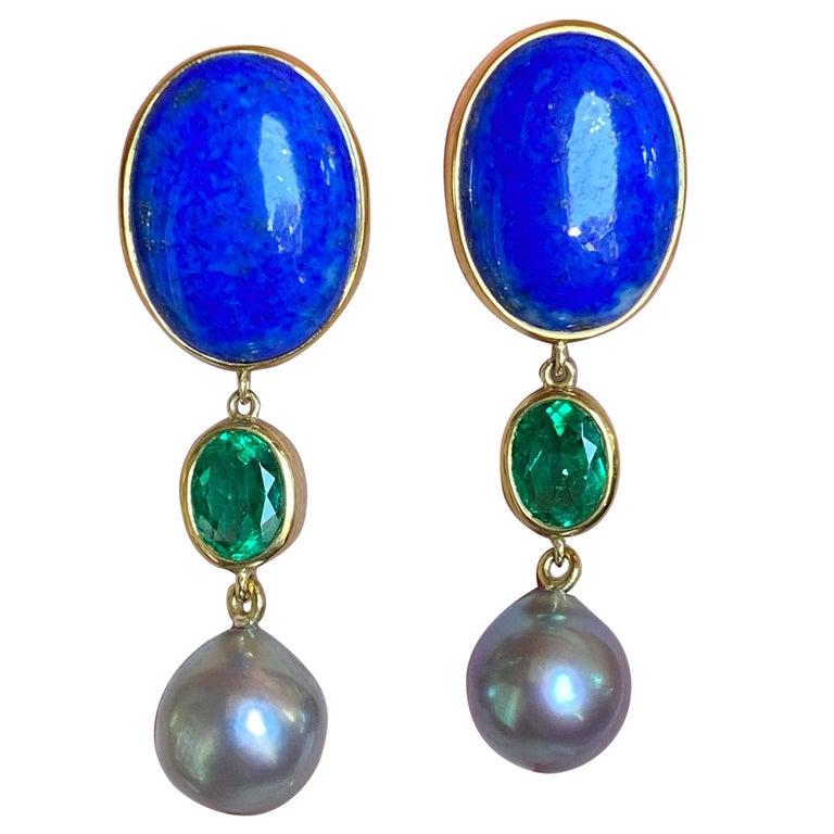 Colombian Emerald, Cortez Pearl and Lapis Gold Earrings at 1stDibs