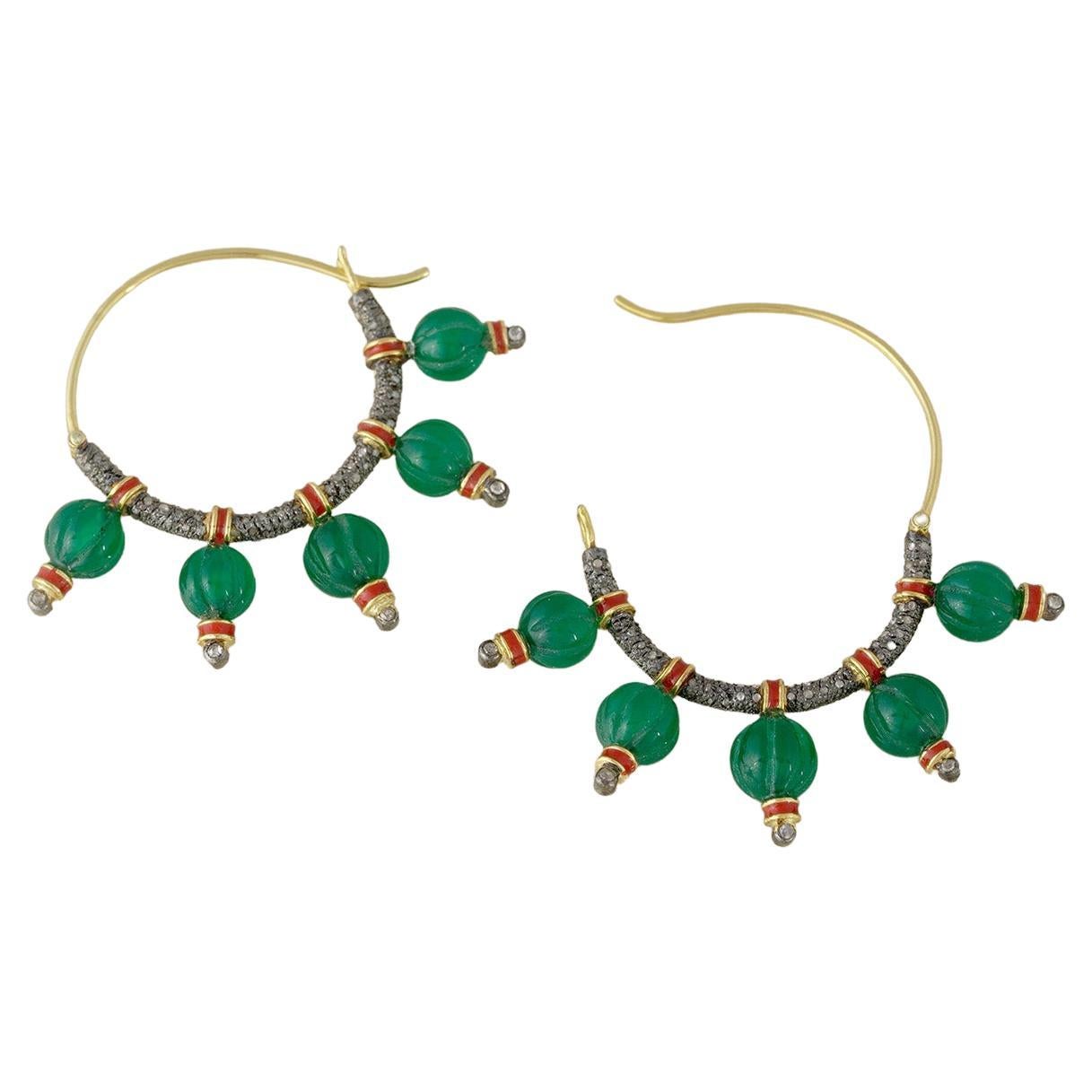 Moi Runa Gold Diamond and Emerald Hoop Earrings For Sale at 1stDibs