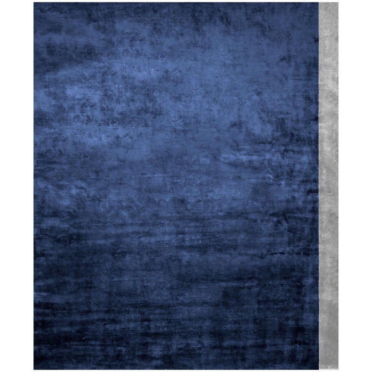 Color Block Deep Blue - Plain Traditional Hand Knotted Bamboo Silk Rug ...
