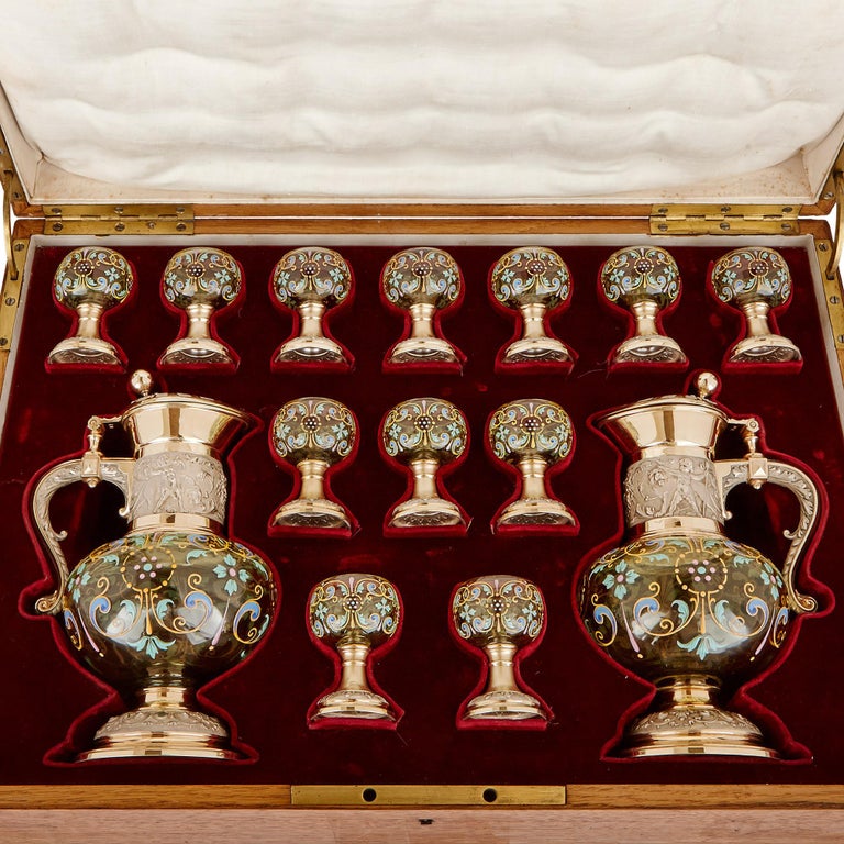 Colored and Enameled Glass Vodka Drinking Set with Silver Mounts at 1stDibs