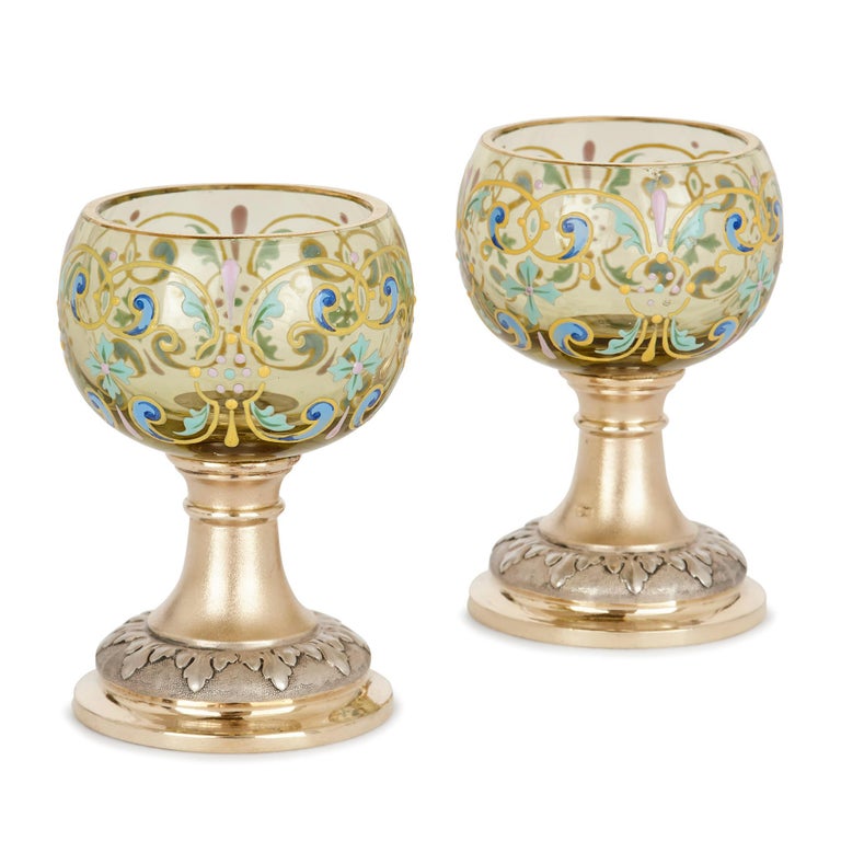 Colored and Enameled Glass Vodka Drinking Set with Silver Mounts at 1stDibs