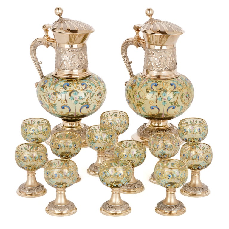 Colored and Enameled Glass Vodka Drinking Set with Silver Mounts at 1stDibs
