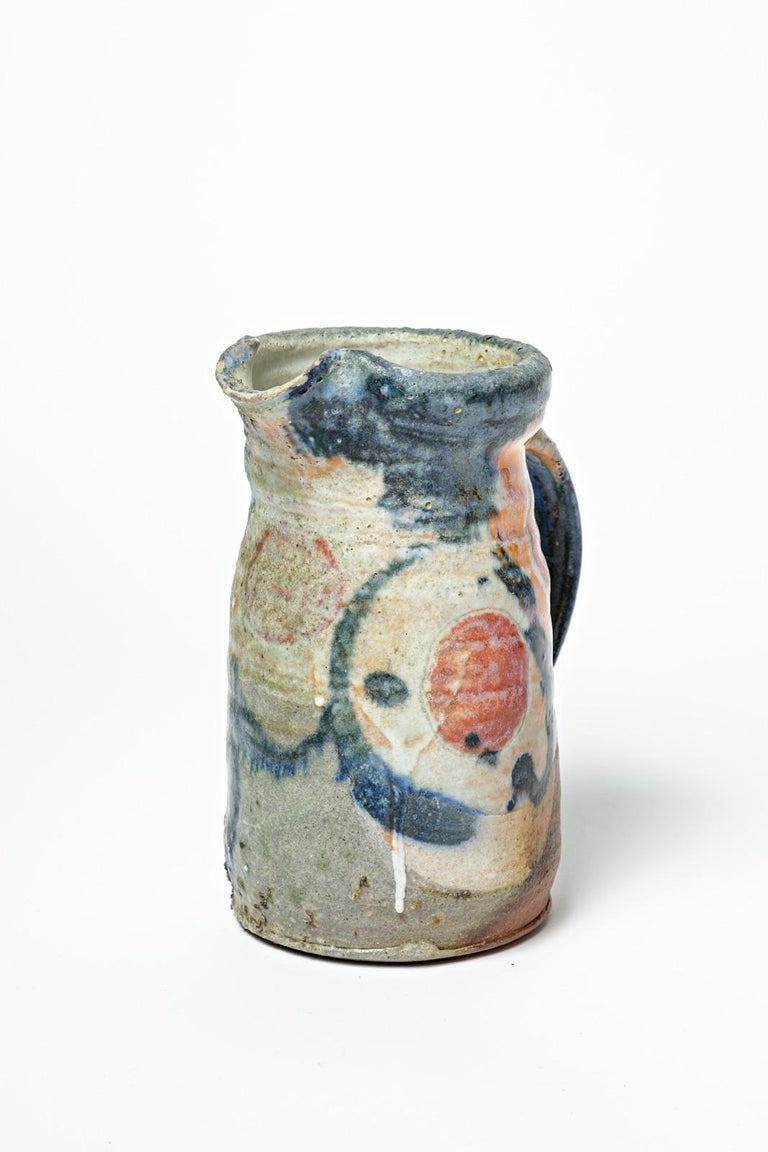 Colored blue and red stoneware ceramic pitcher circa 1990 signed Maya ...