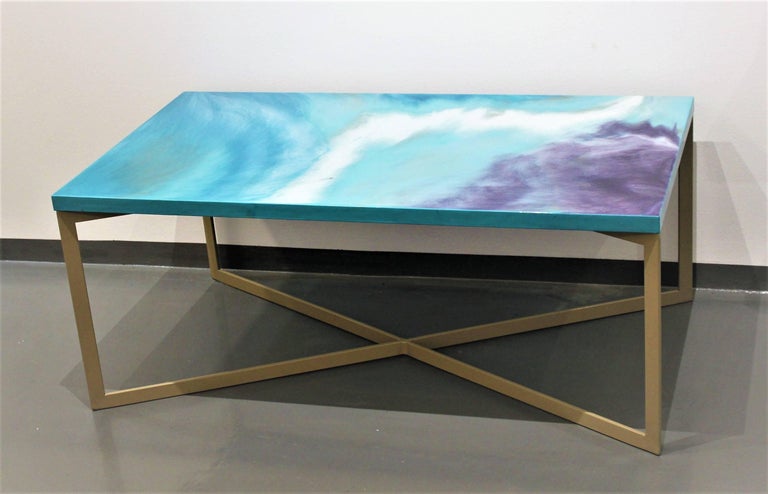 Contemporary Resin Coffee Table "Turquoise Mood" on Satin Steel Base ...