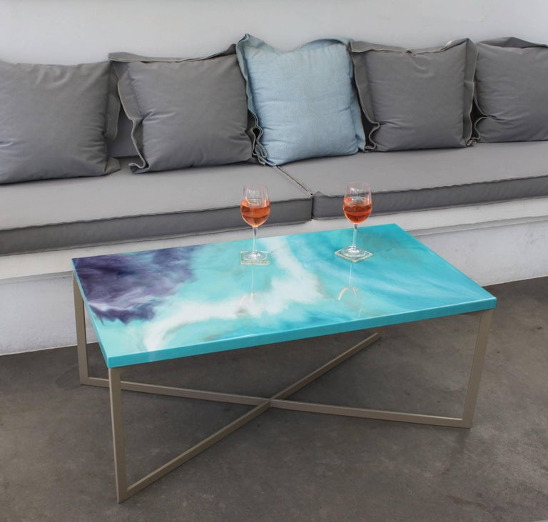 Contemporary Resin Coffee Table "Turquoise Mood" on Satin Steel Base ...