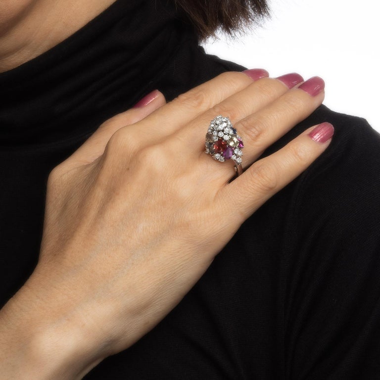 Colored Sapphire Diamond Snow Cone Ring Vintage 18k White Gold Cocktail ...