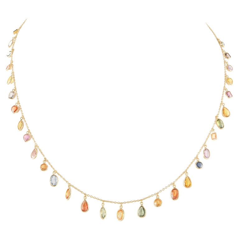 Colorful 18k Yellow Gold Multi Sapphire Dangling Drop Chain Necklace ...
