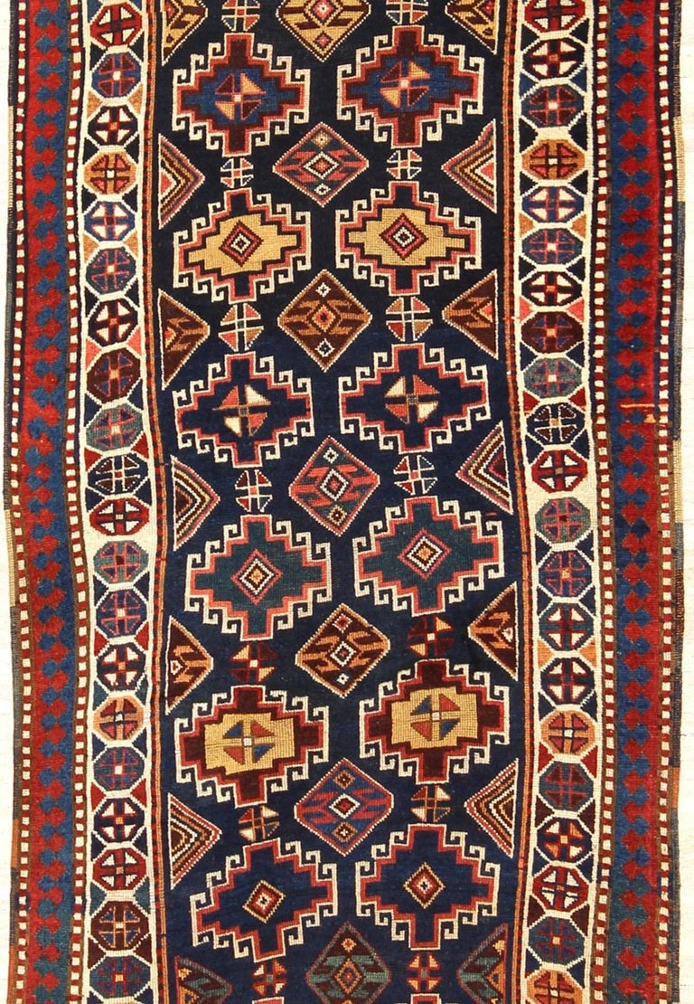 Colorful Antique Caucasian Kazak Moghan Runner in Red and Mid-Night ...