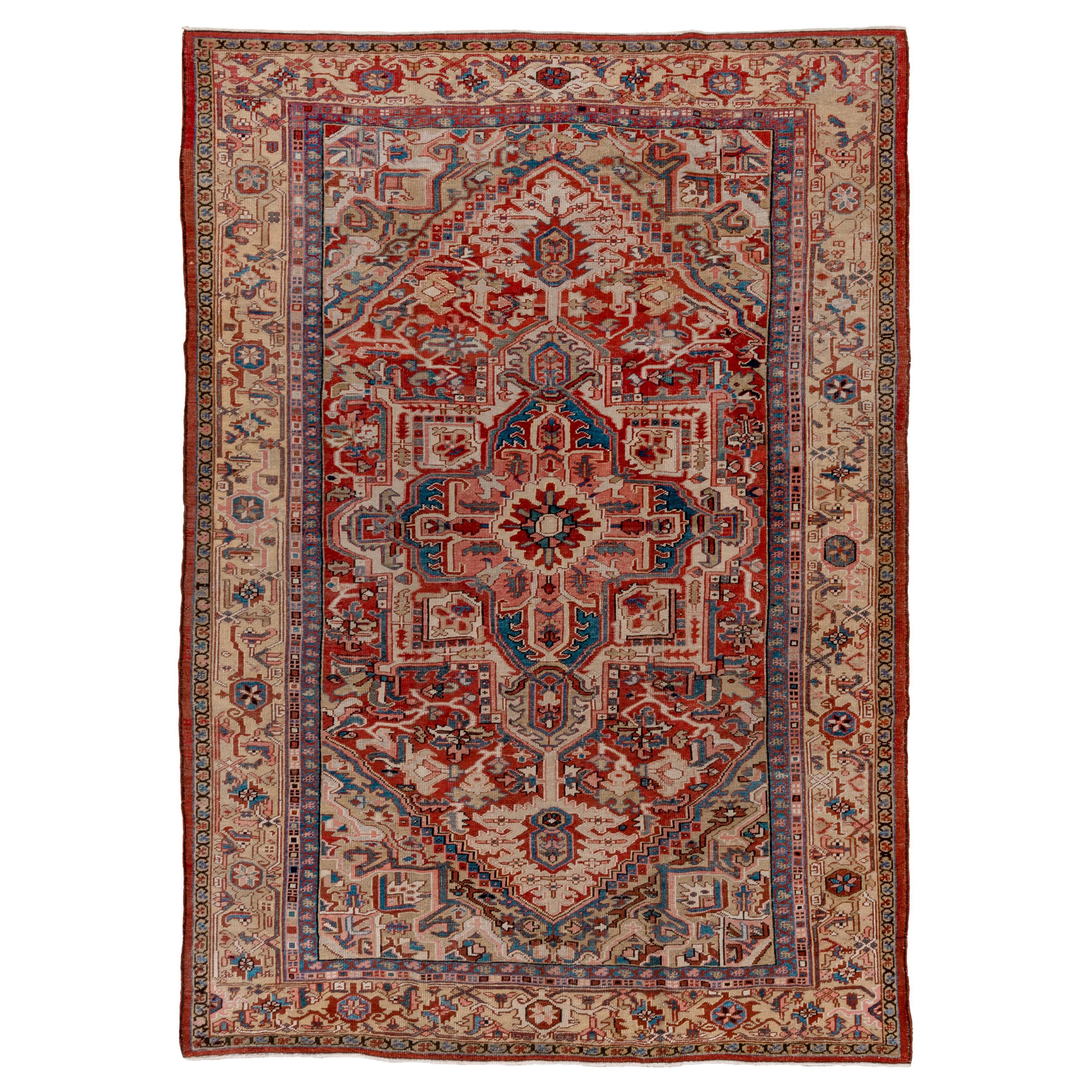 Bright Red Field Antique Persian Heriz Carpet For Sale at 1stDibs