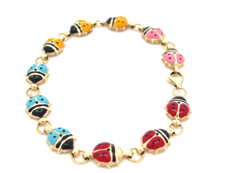 Colorful Enamel Ladybug Bracelet in 14k Yellow Gold For Sale at 1stDibs