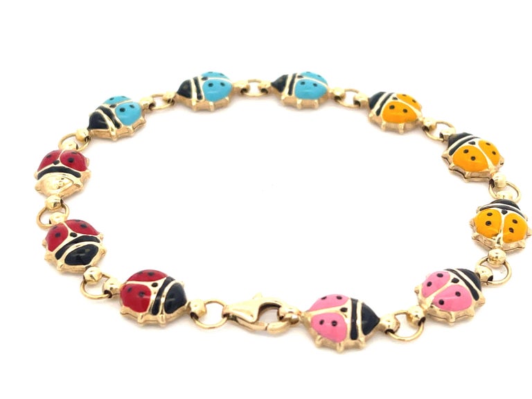 Colorful Enamel Ladybug Bracelet in 14k Yellow Gold For Sale at 1stDibs
