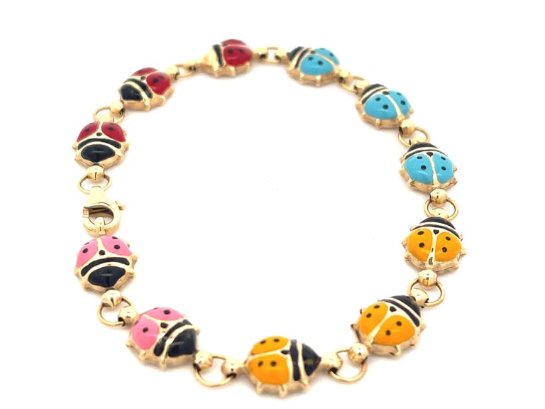 Colorful Enamel Ladybug Bracelet in 14k Yellow Gold For Sale at 1stDibs
