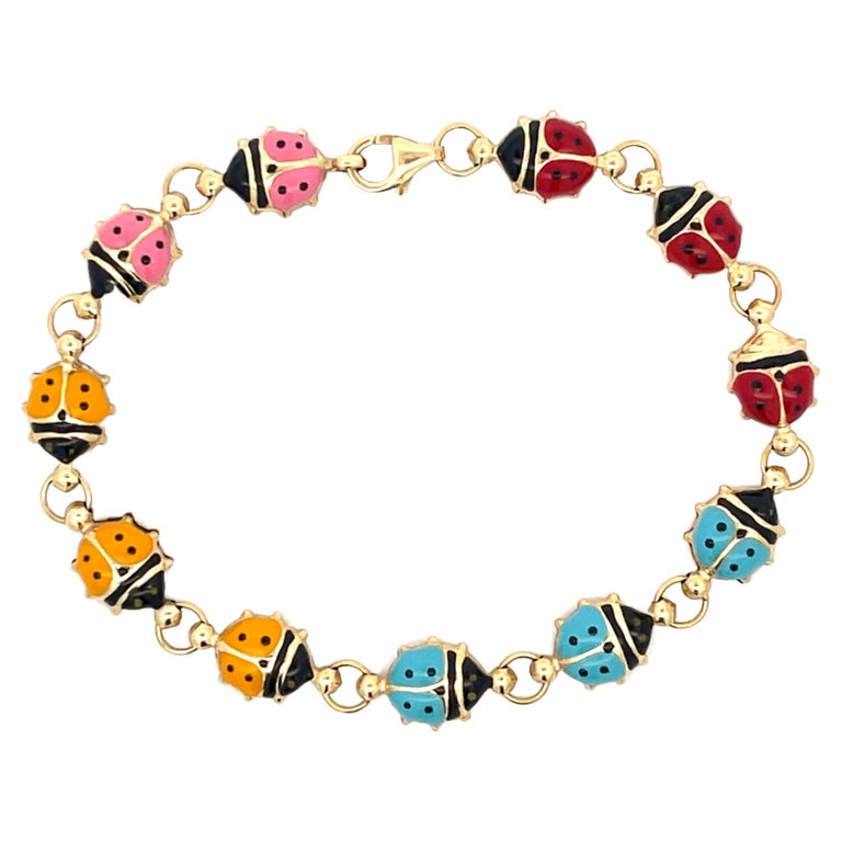 Colorful Enamel Ladybug Bracelet in 14k Yellow Gold For Sale at 1stDibs